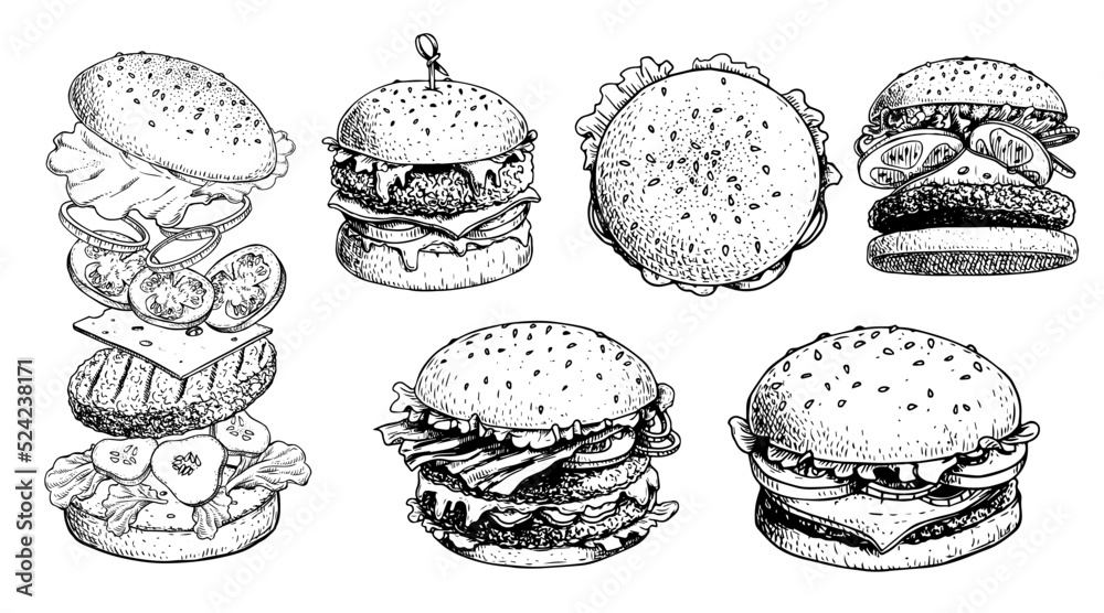Hand drawn sketch style burgers set. Different types of fast food ...