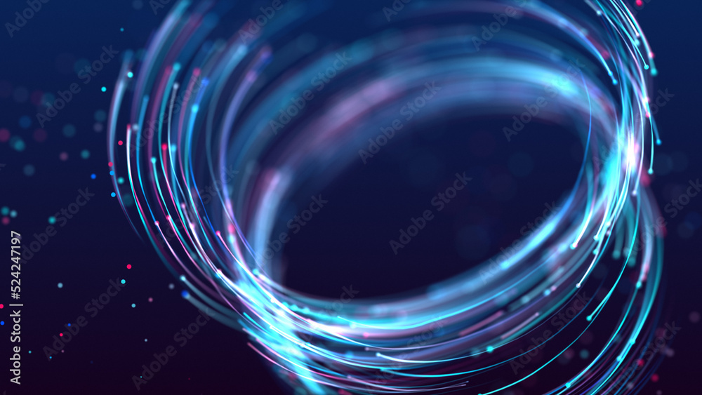 3D Abstract blue and purple particles vortex design. Digital light glow ...