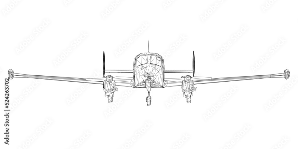 Airplane Wireframe With Propeller From Black Lines Isolated On White