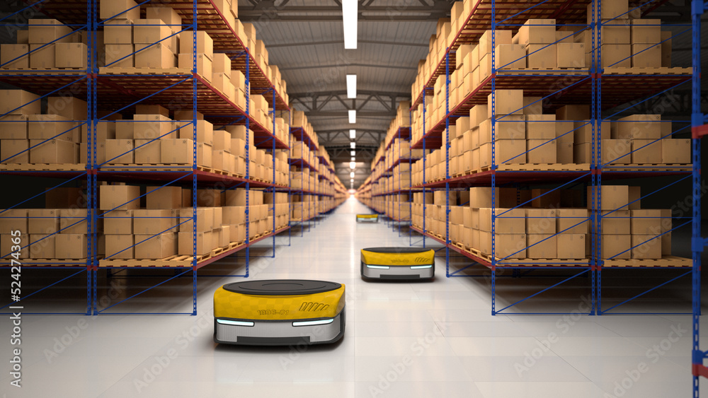Autonomous robots moving shelves with cardboard boxes in automated ...