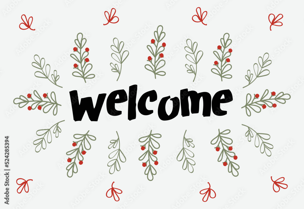 Welcome background with line art green leaves and cute typography font ...