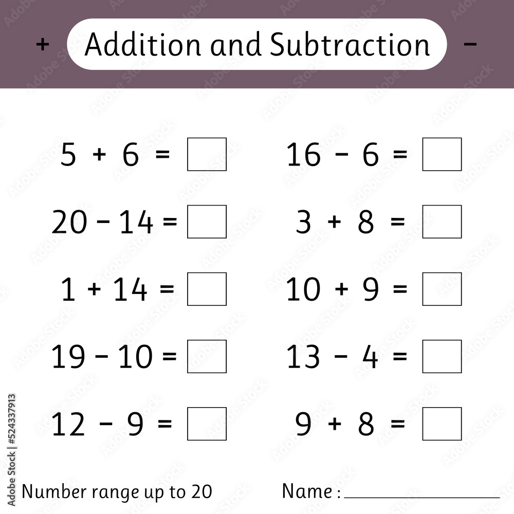 Addition and Subtraction. Number range up to 20. Math worksheet for ...