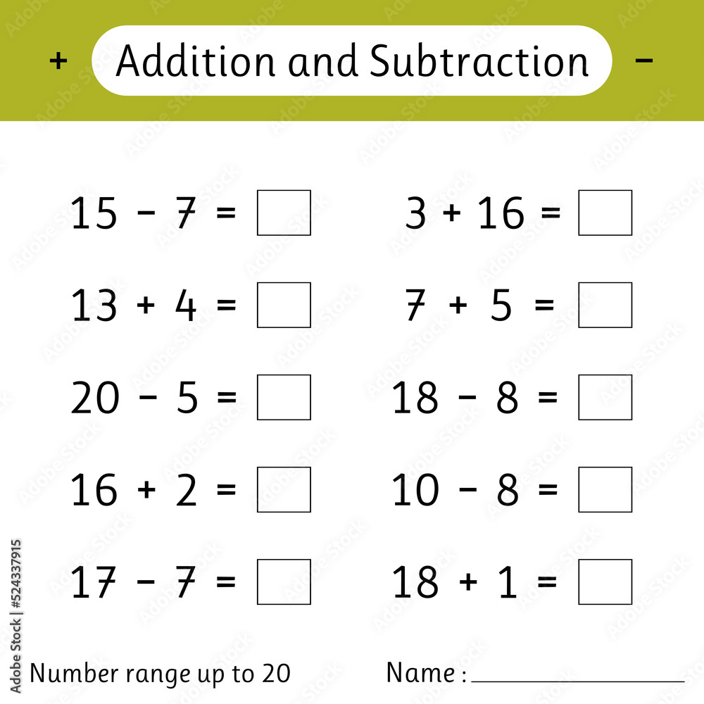 Addition and Subtraction. Number range up to 20. Math worksheet for ...