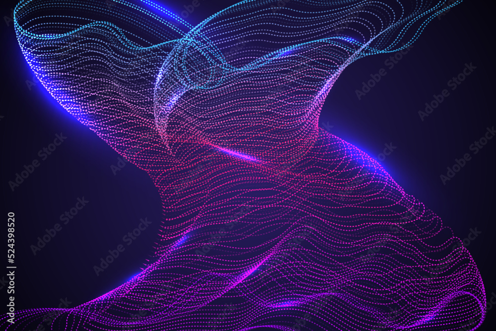 Abstract tech background, waves of dots vector texture. 3D AI concept. Digital noise dynamic ...