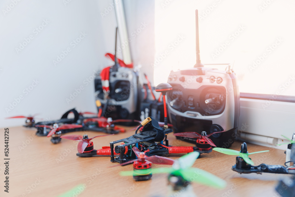 Professional workplace repair shop of toy RC models of cars robots ...