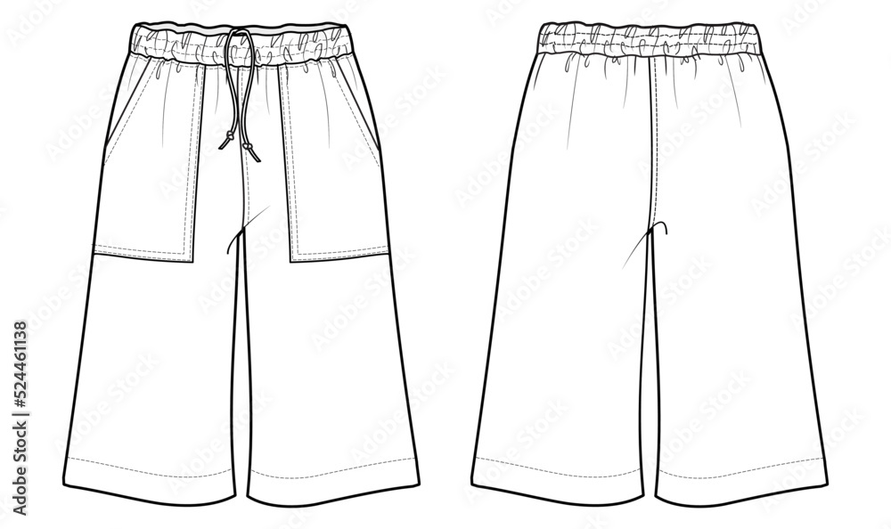 men's shorts flat sketch vector illustration front and back view ...