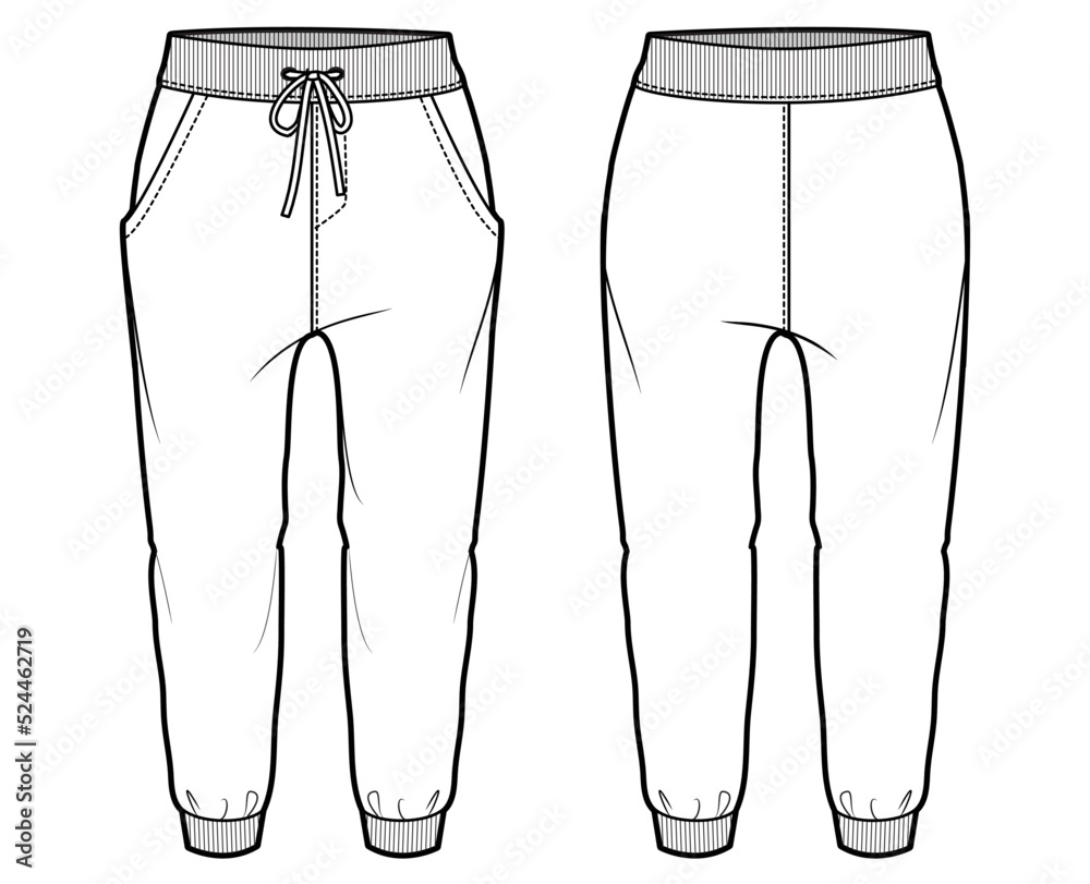 Rib cuff jogger track pant flat sketch vector illustration rib waist ...