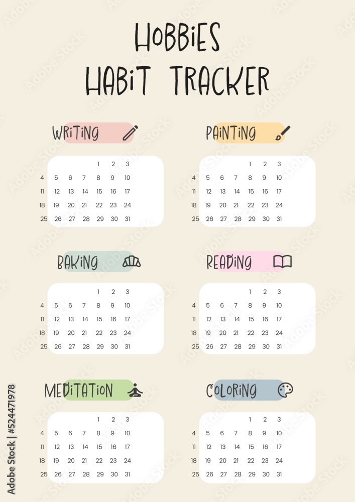 Hobbies habit tracker. Printable template. Vector illustration. Stock ...