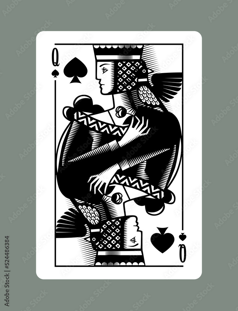 Queen playing card of Spades suit in vintage engraving drawing style ...