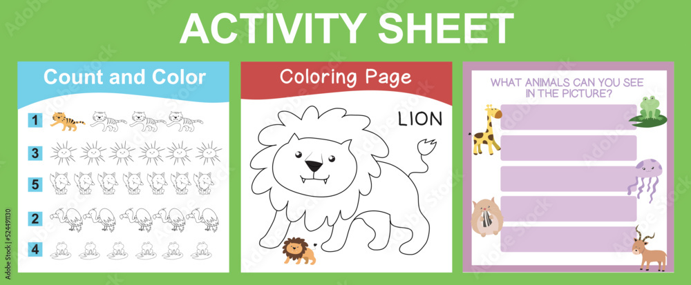 Activity sheet for children. Writing, coloring, count and color ...