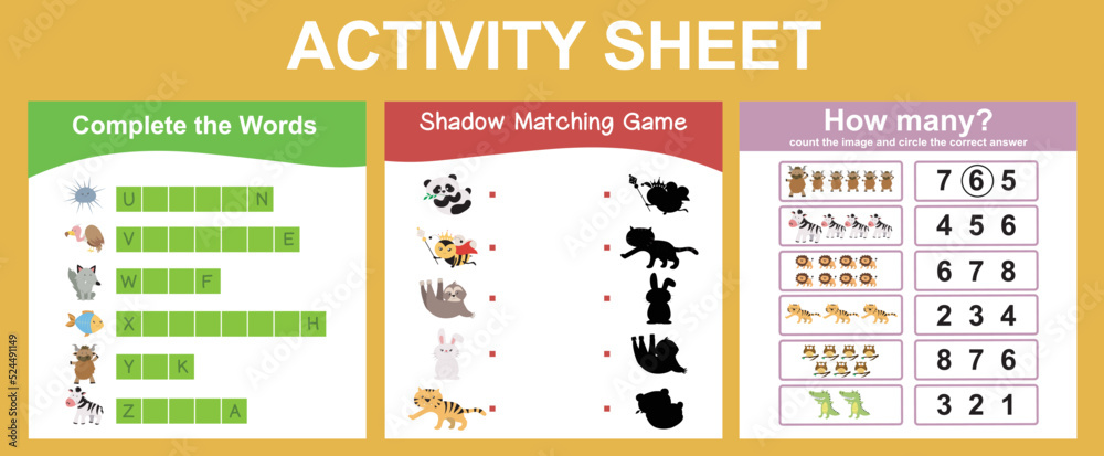 Activity sheet for children. Complete the words, shadow matching ...