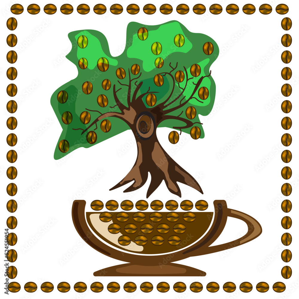 Coffee tree over a cup of coffee and a frame of coffee beans. Vector ...