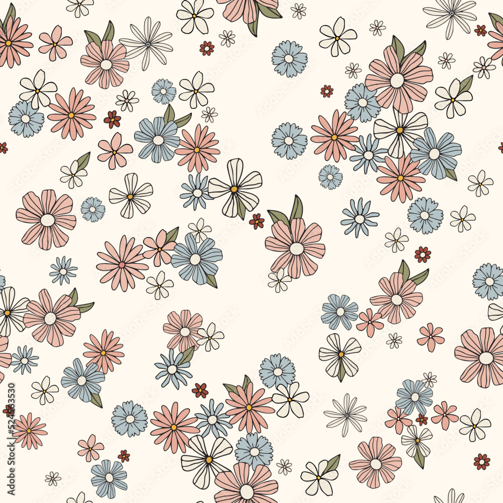 Hand drawn floral seamless pattern with colorful flowers blue and pink ...