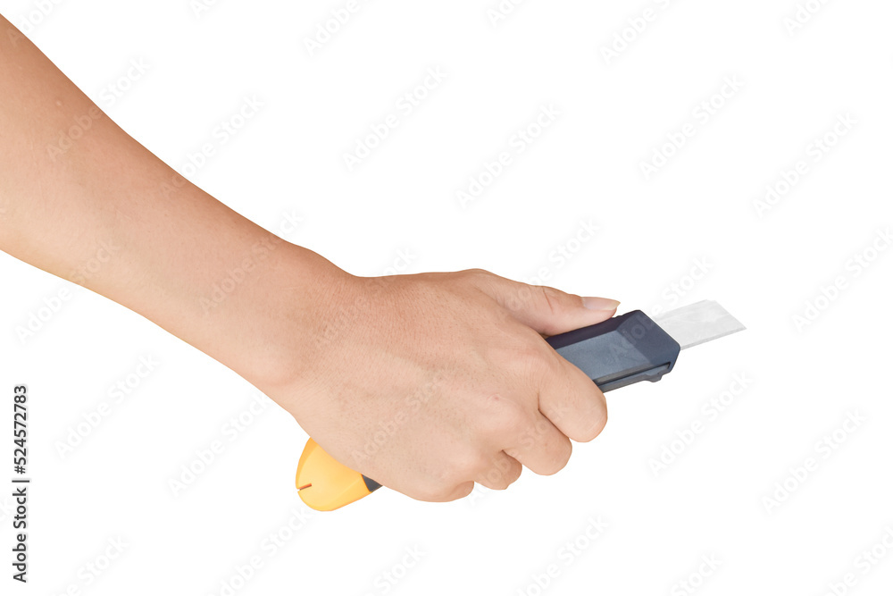 Hand holding cutter paper knife isolated on transparent background ...