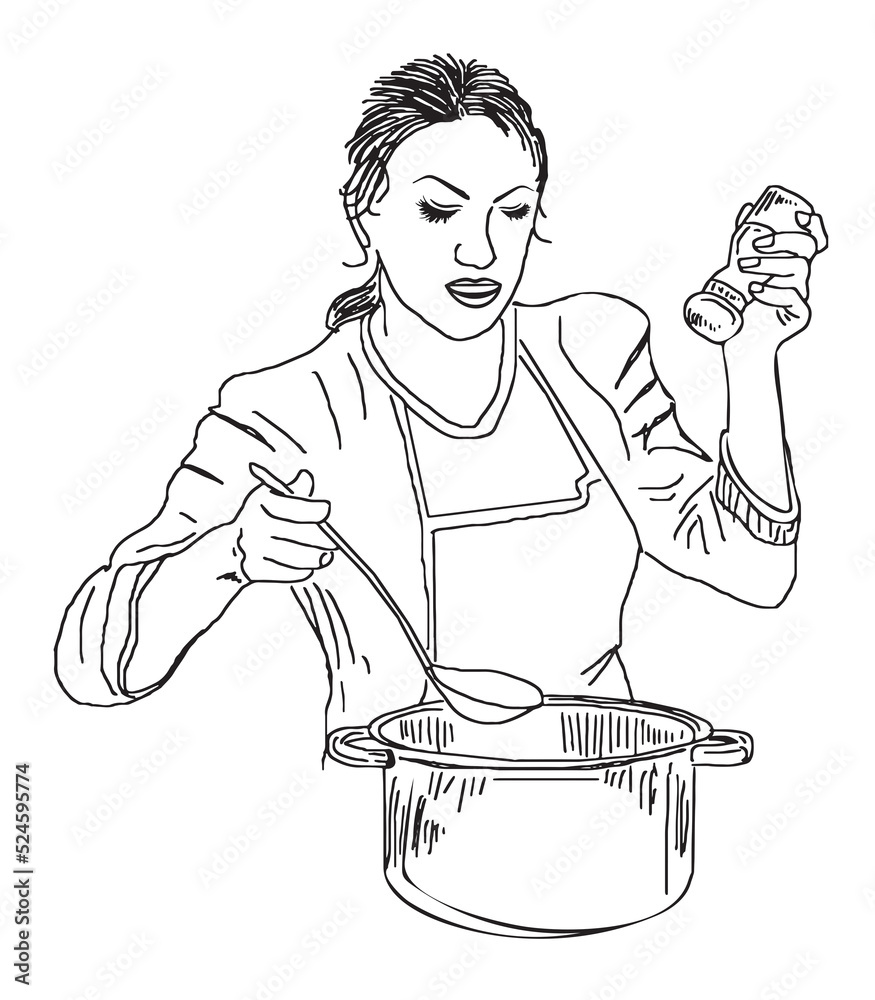 Woman cooking at home cartoon drawing, girl doing cooking in kitchen ...