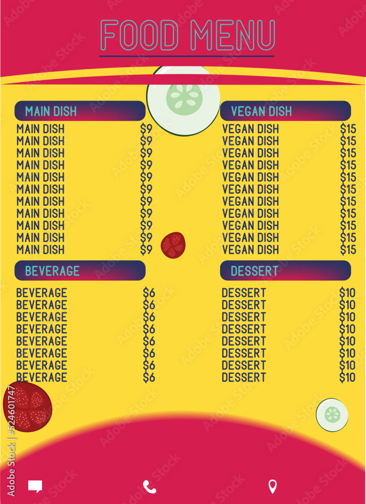 food menu in pink and yellow background with cucumber an tomatto ...
