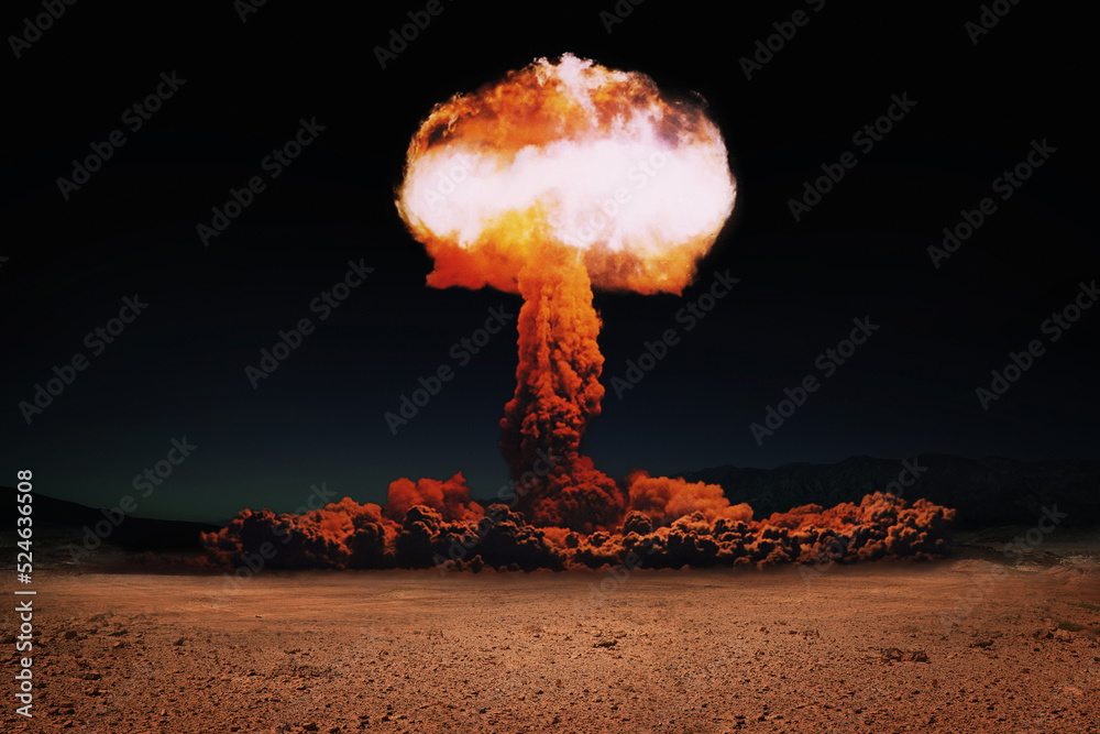 Terrible explosion of a nuclear bomb with a mushroom in the desert ...