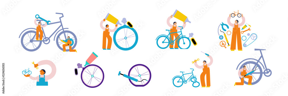 Bicycle service workers fix bicycle and bike details set. Repair of ...