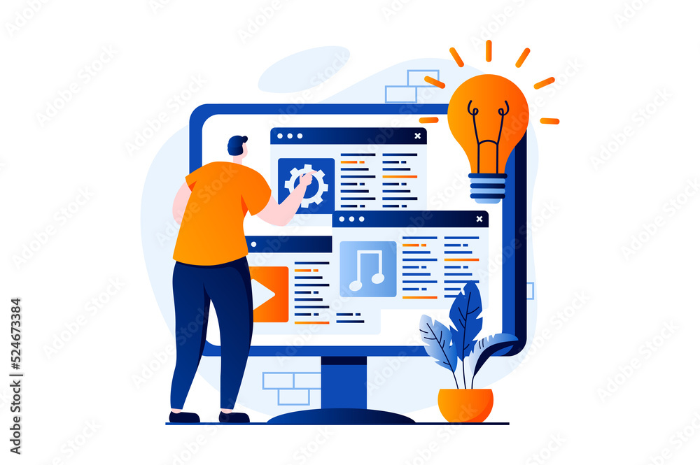 Web development concept with people scene in flat cartoon design. Man ...
