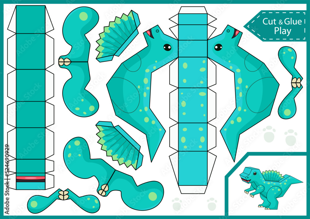 Kids craft template. Cut and glue a paper 3d dinosaur. DIY papercraft toys. Activity worksheet for children. Vector printable education game. Birthday decor. Vector illustration. Adobe Stock