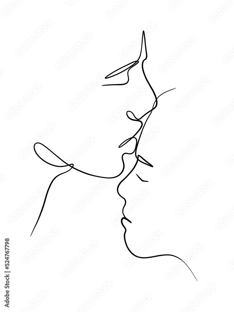One line drawing of a couple kissing on forehead. Romantic expression. Hand drawn printable Art ...