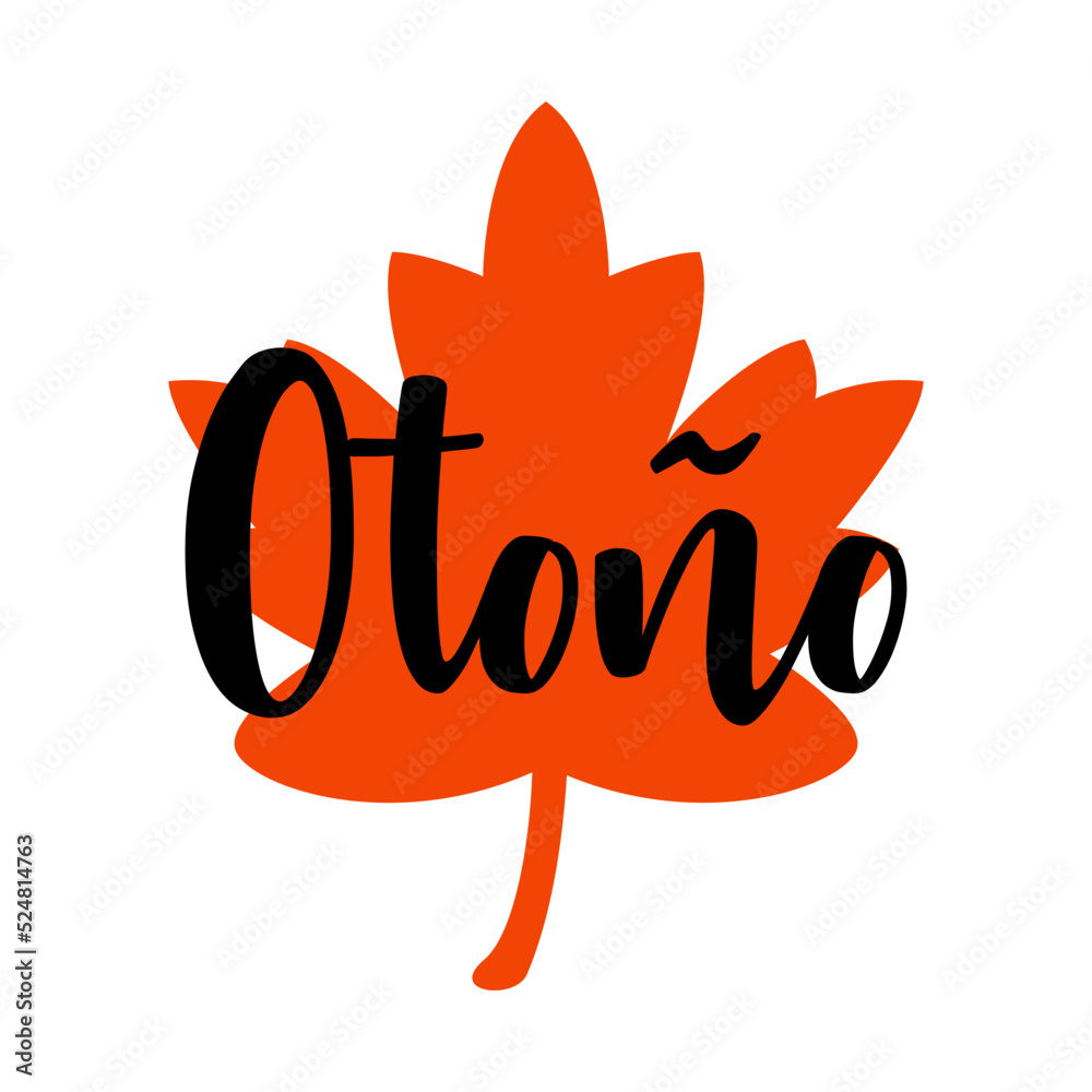 Logotipo con texto manuscrito Otoño en español sobre silueta de hoja de ...