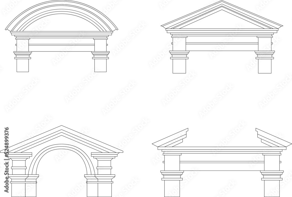 Ancient greek pediments. Greek or roman architecture temple facade with ancient pillars. Antique ...