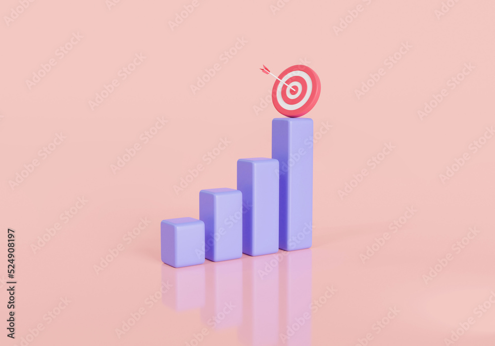Bar chart graph with target on pink background. Business target concept ...