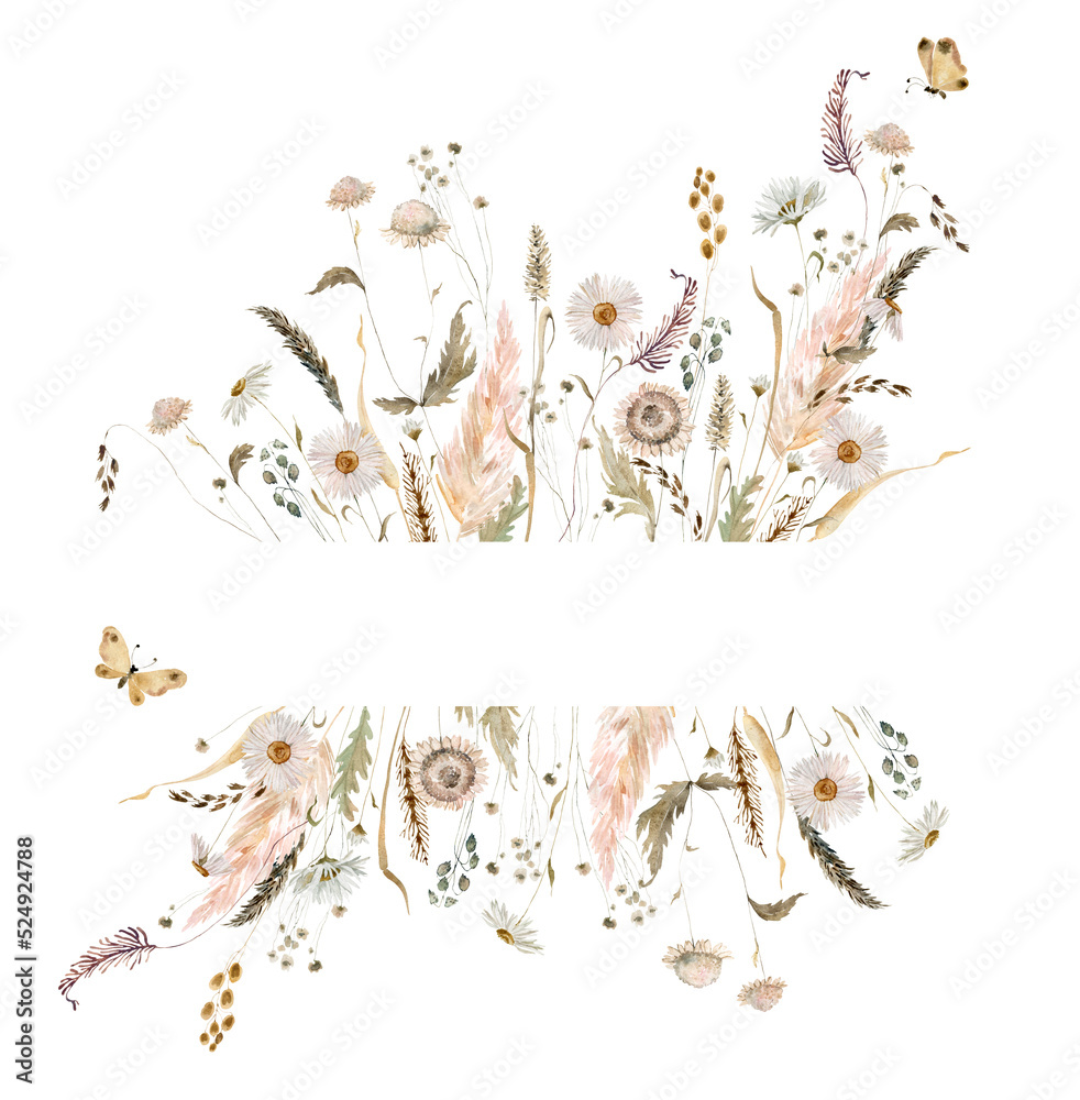 Boho wildflowers, herbs border painted in watercolor. Dried pampas ...