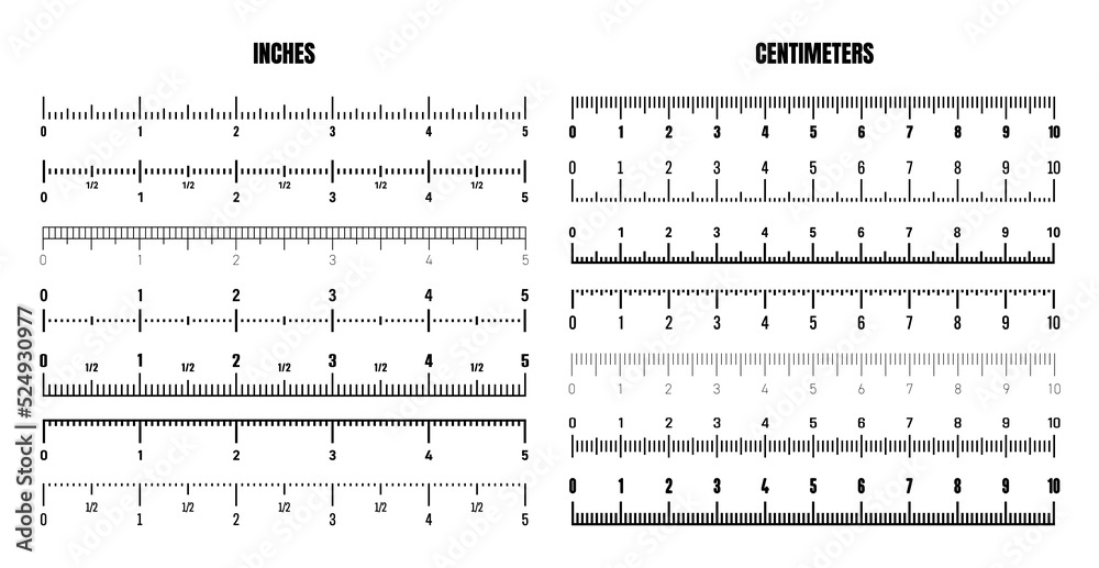 Realistic black centimeter and inch scale for measuring length or ...