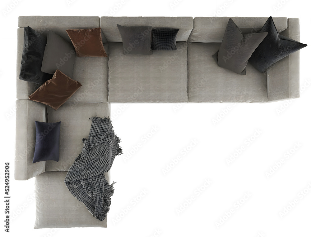 Top view modern gray L shape sofa and pillows transparent. Png. 3D ...