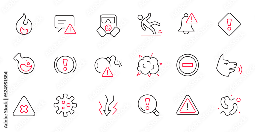 Danger biohazard line icon set. Fire danger, toxic, chemical radiation ...