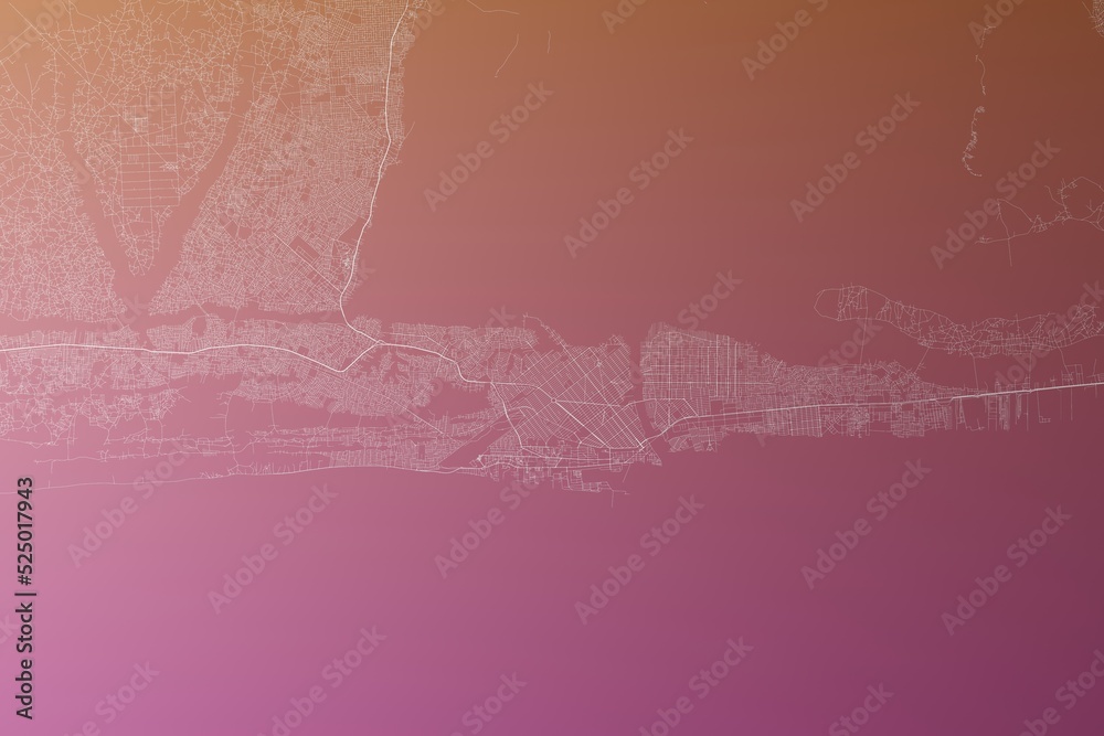 Map of the streets of Cotonou (Benin) made with white lines on pinkish ...