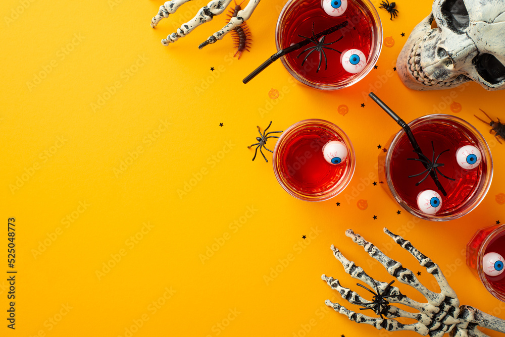 Halloween concept. Top view photo of spooky skull skeleton hands ...