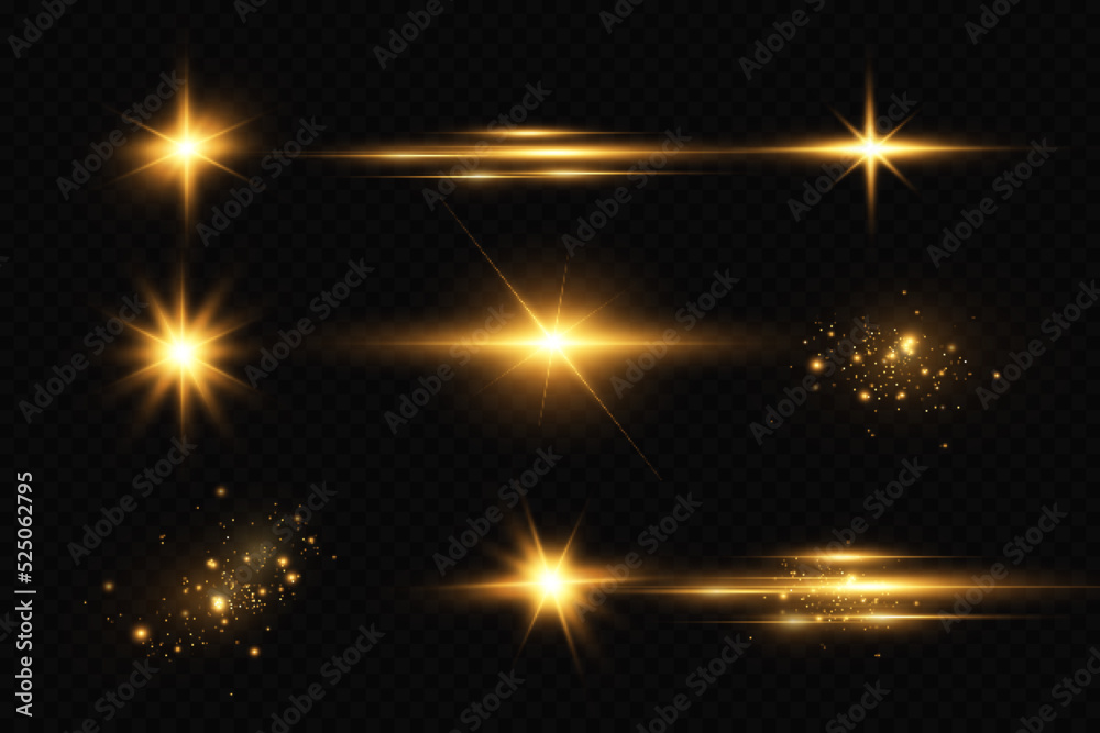 Shining golden stars. Light effects, glare, glitter, explosion, golden ...