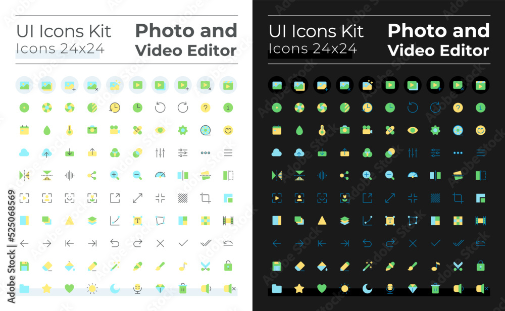 Photo and video editor flat color ui icons set for dark, light mode ...