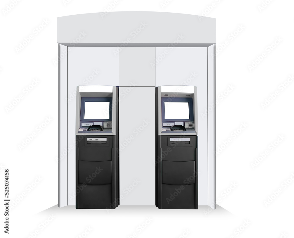 Booth of two ATM Automated Teller Machines isolated on white background for advertising mockup ...