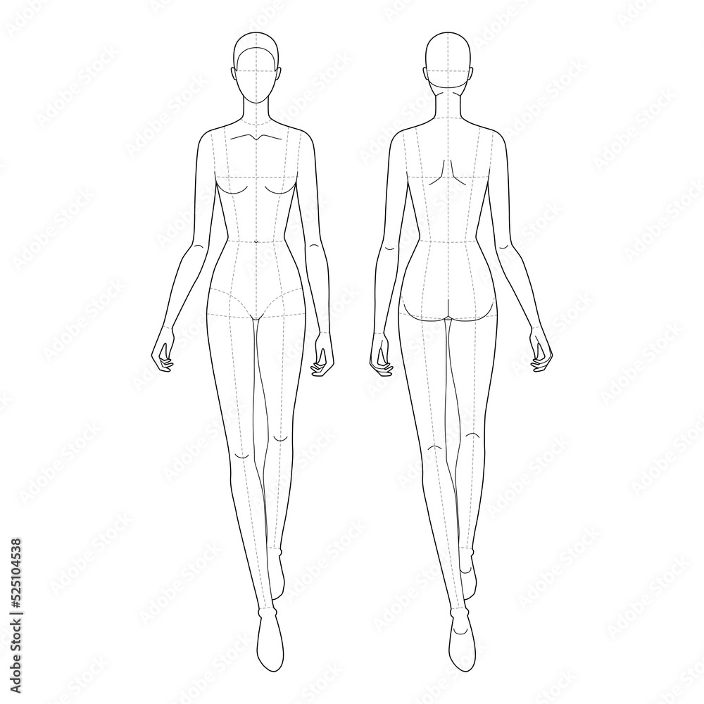 Walking women Fashion template 9 nine head size female with main lines ...