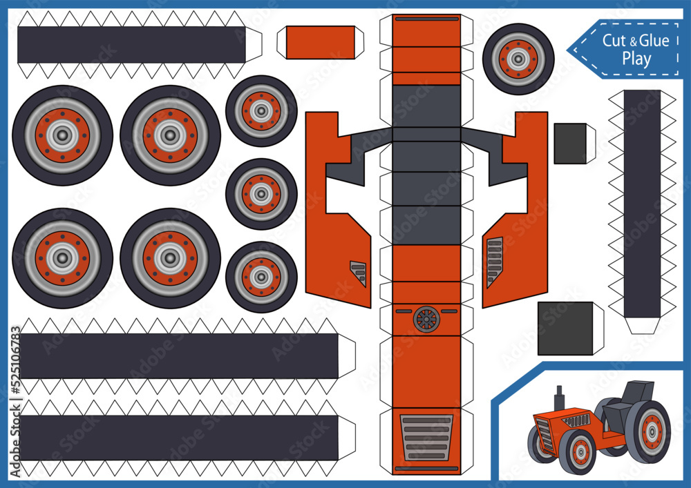 Kids craft template. Cut and glue paper tractor. Make 3d model of toys ...