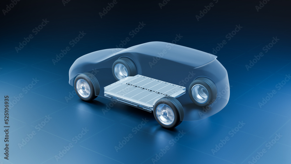 Transparent view inside electric vehicle with lithium ion battery ...