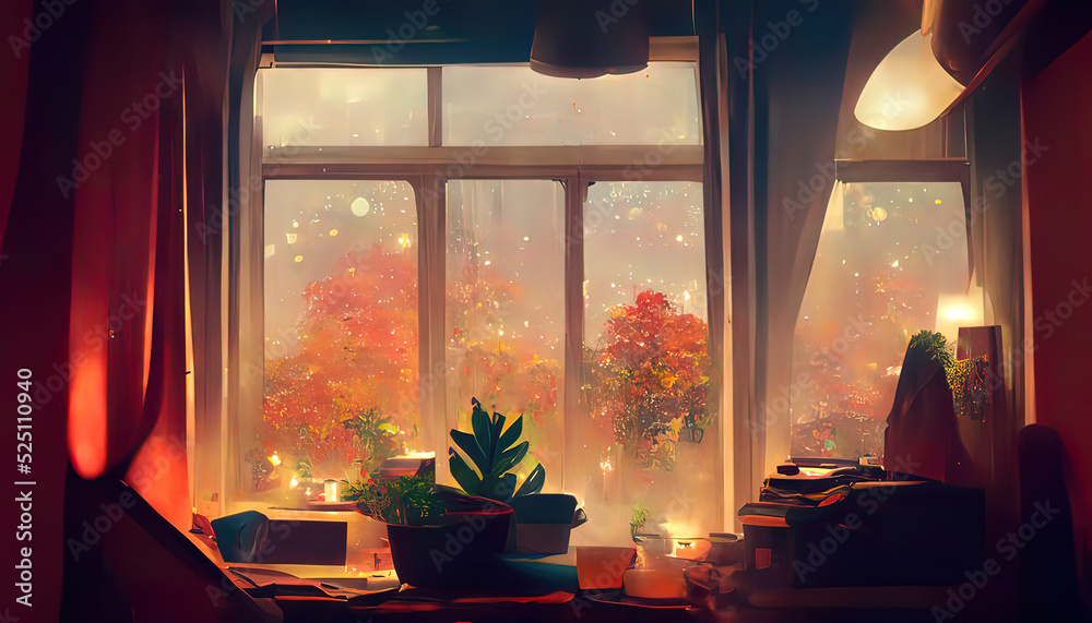 Calm lofi messy desk. Empty interior anime, manga style. Colorful study ...