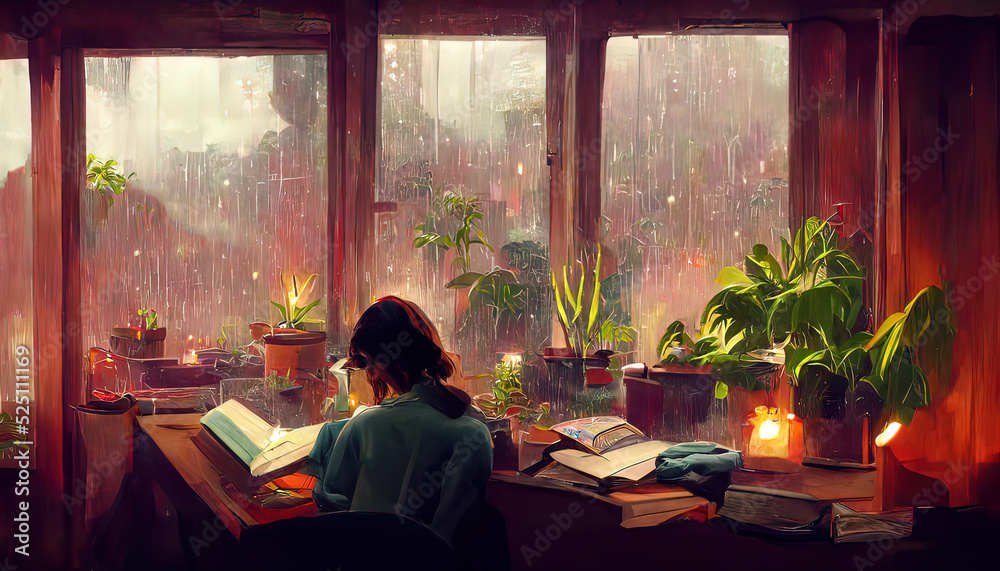ภาพประกอบ Stock Lofi Girl studying at her desk. Rain ourside, beautiful chill, atmospheric ...