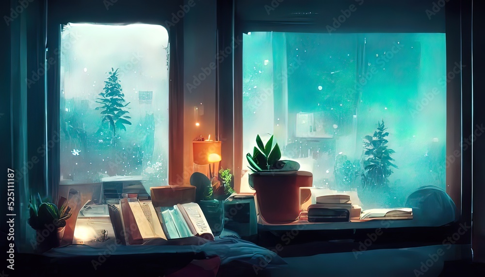 Calm lofi desk, interior. A cold winter evening. A messy cozy place in ...