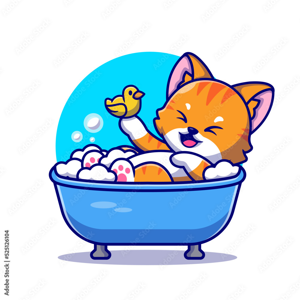 Cute Cat Bath In The Bath Tub With Duck Toys Cartoon Vector Icon ...