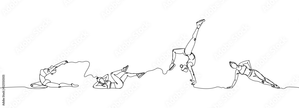 Gymnast, fitness girls, training set one line art. Continuous line ...