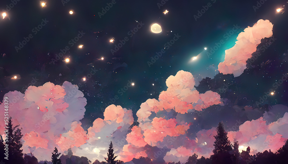 Night sky, stars, clouds, pink, dark colors. Anime, manga, cartoon ...