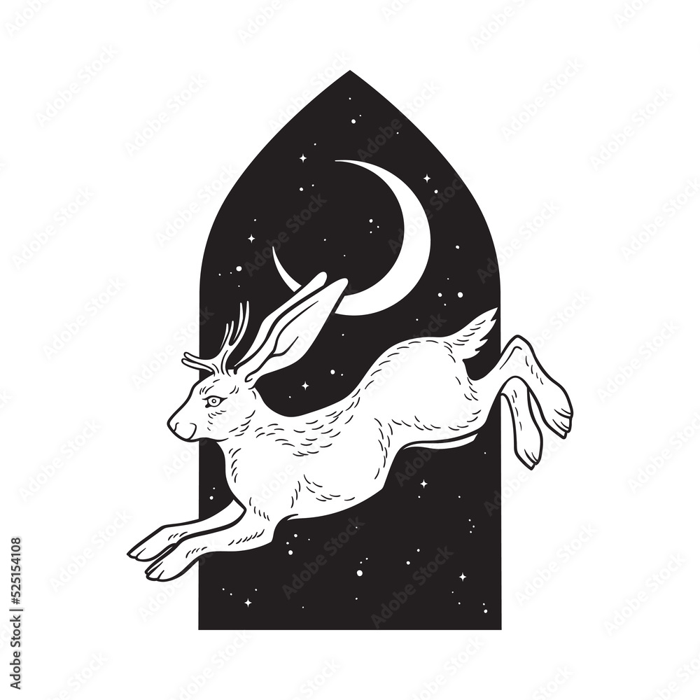 Jackalope hare with horns folklore magic animal over night sky with ...