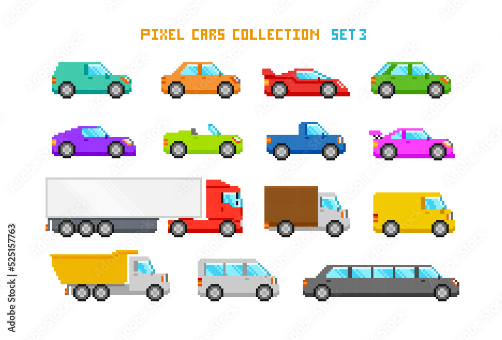 Pixel Cars set for retro game design. 8-bit game style pixel graphics ...