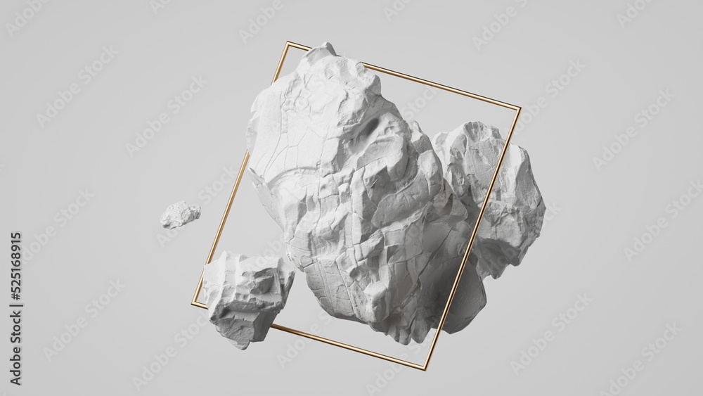 3d render, abstract white background with levitating chalk stones rocks ...