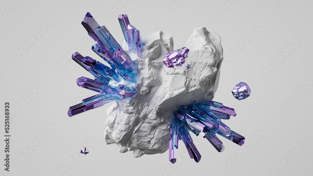 3d render, violet blue crystals growing on white rock. Abstract nugget ...
